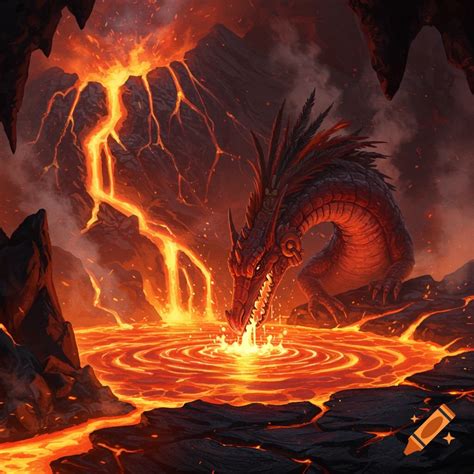 A Large Dragon Drinks From A Pool Of Bubbling Lava In A Fiery Cave With