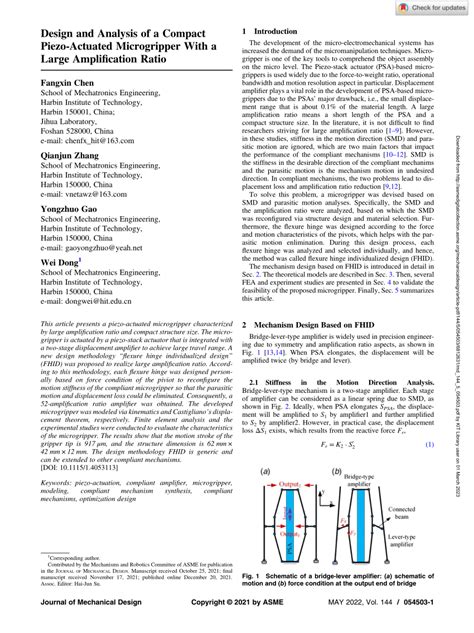 Pdf Design And Analysis Of A Compact Piezo Actuated Microgripper With A Large Amplification Ratio