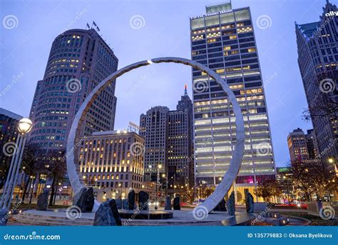 View Of Downtown Detroit At Night In Michigan Usa Editorial Stock
