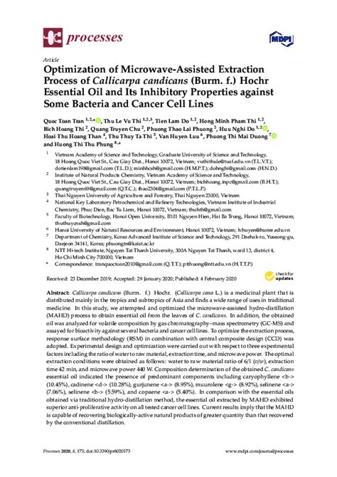 Pdf Optimization Of Microwave Assisted Extraction Process Of Callicarpa Candicans Burm F
