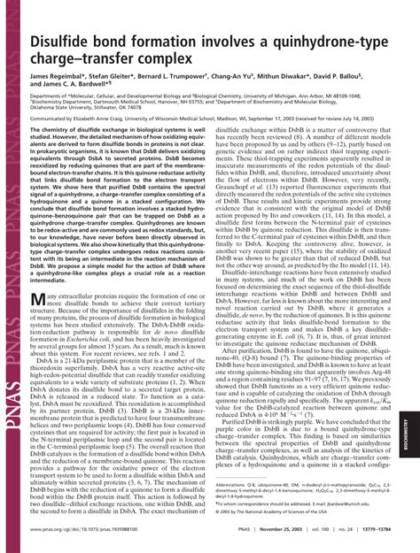 Pdf Disulfide Bond Formation Involves A Quinhydrone Type Charge