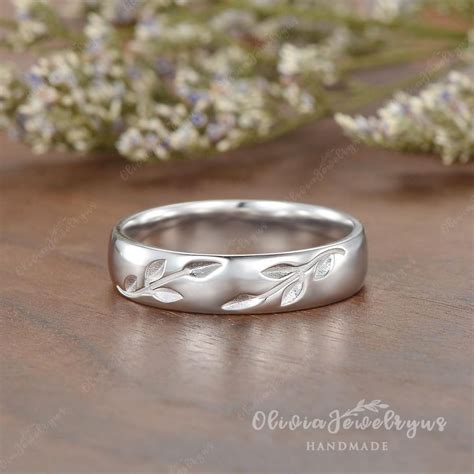 5mm White Gold Mens Wedding Band Nature Inspired Leaf Engagement Ring