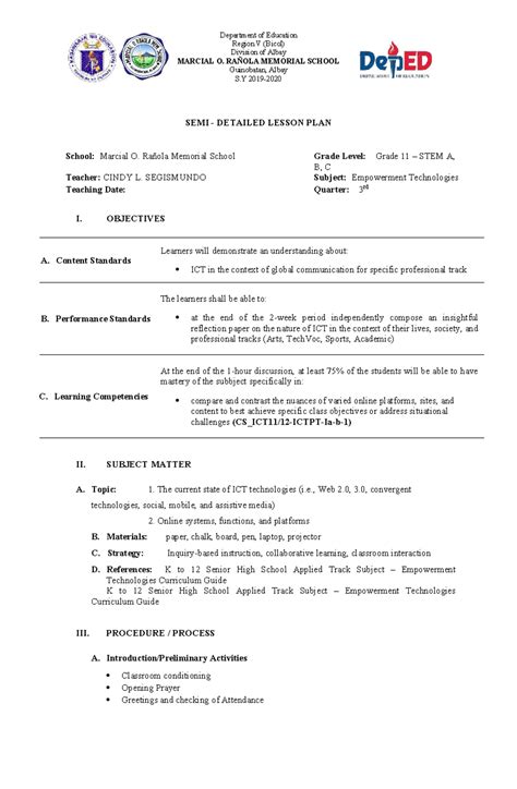Empowerment Technologies Lesson Plan Grade 11 Stem Studocu