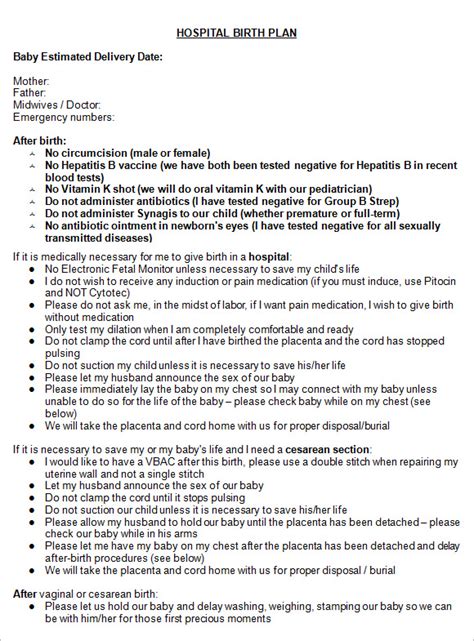 Template Birth Plan For Hospital Birth Tnqx