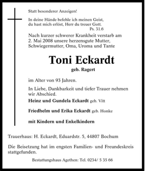Traueranzeigen Von Toni Eckardt Trauer In Nrwde