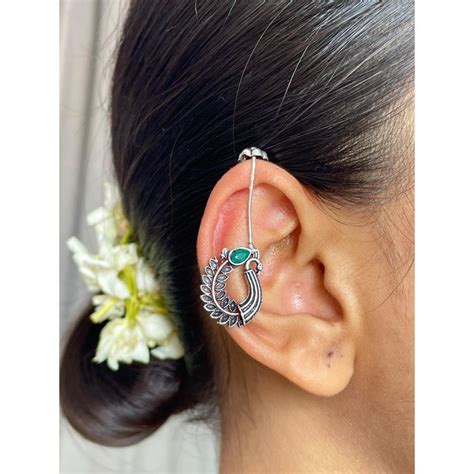Buy Ishkaara Oxidized Peacock With Green Stone Ear Cuffs Online