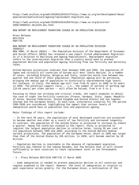 Un Report On Replacement Migration 2000 Pdf Migrant Worker