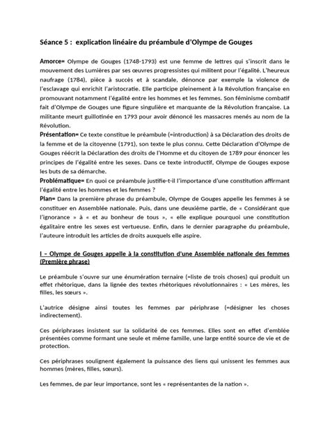 Explication Linéaire Du Préambule Dolympe De Gouges Séance 5 Pdf