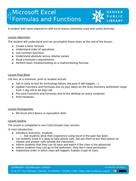 Excel Formulas And Functions Lesson Guide Pdf Microsoft Excel