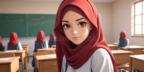 Anime Girl In Hijab Attending School Education In Classroom Setting