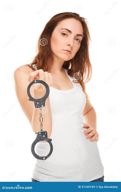 Beautiful Woman With Handcuffs Isolated Focus On Handcuffs Stock