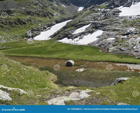 Top View Of Beautiful Wetland With Spring Stream Alpine Mountain