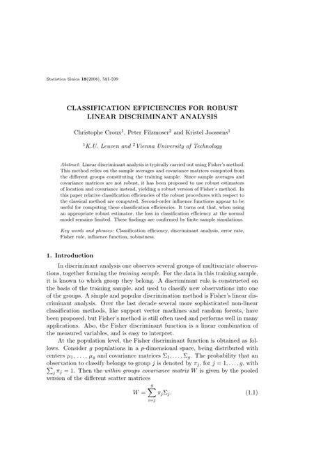 Pdf Classification Efficiencies For Robust Linear Discriminant Analysis