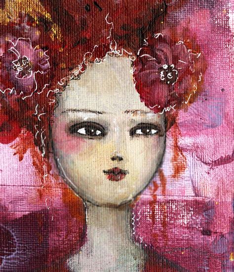 4 X 6 Original Art Tiny Portrait Of Girl With Red Poppies Acrylic