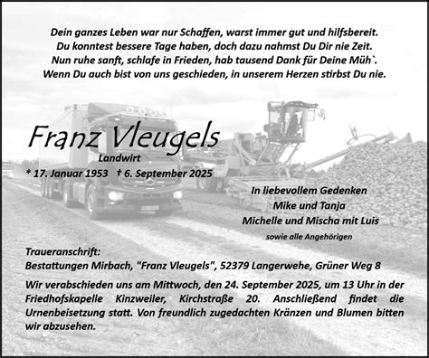Gedenkseite Für Franz Vleugels Bestattungen Mirbach