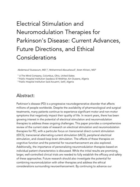 Electrical Stimulation And Neuromodulation Therapies For Parkinsons