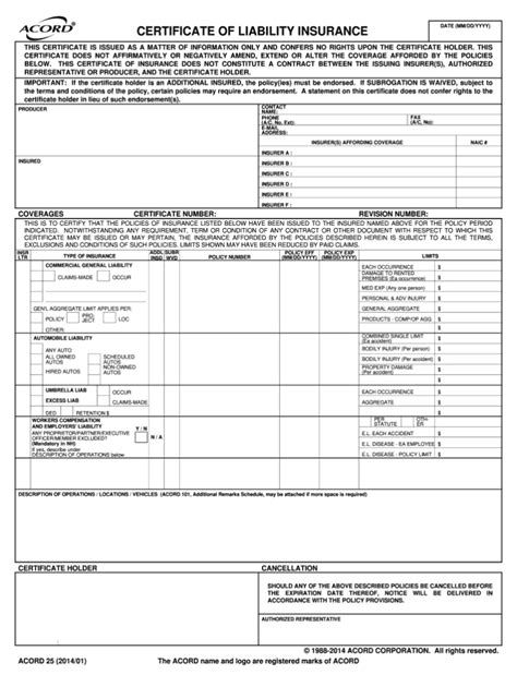 Certificate Of Insurance Template