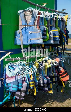 Life Jackets Hang On Rack Ready To Be Used In Cape Hatteras Outer