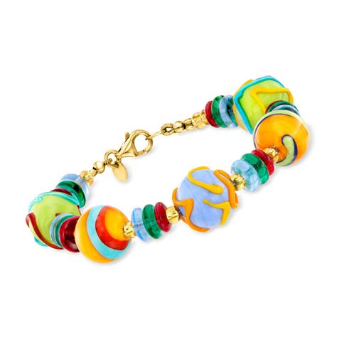 Italian Multicolored Murano Glass Bead Bracelet With 18kt Gold Over
