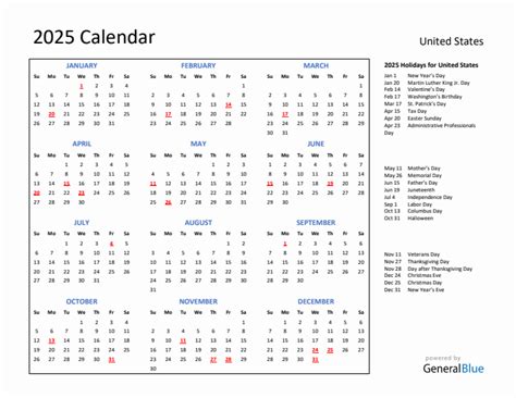 2025 Printable Calendar With United States Holidays