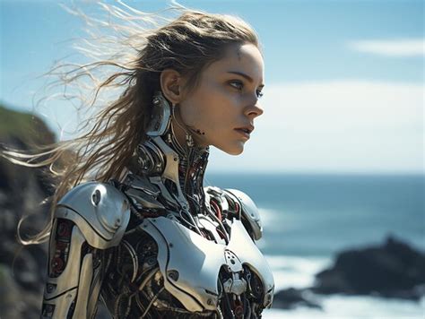 Premium Ai Image Robot Girl In A Nanosuit Against An Ocean