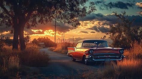 Classic Car Sunset Drive Premium Ai Generated Psd