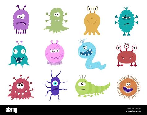 Funny And Scary Bacteria Cartoon Characters Isolated On White