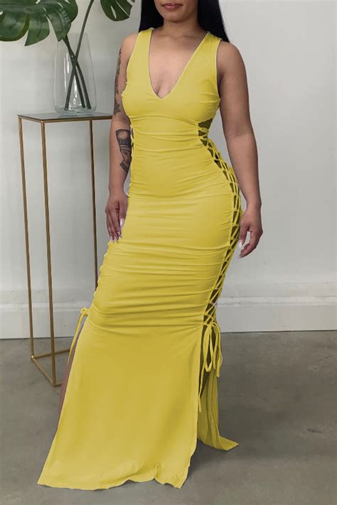 Wholesale Yellow Sexy Solid Bandage Hollowed Out Patchwork Slit V Neck