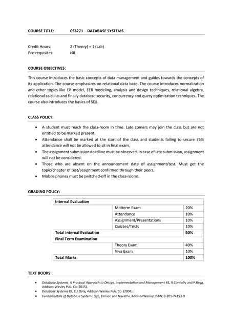 Cs3270 Database Systems Course Outline Pdf