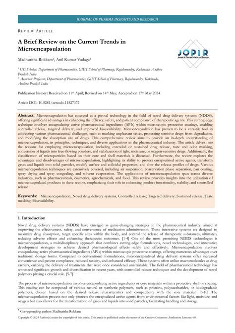 Pdf A Brief Review On The Current Trends In Microencapsulation