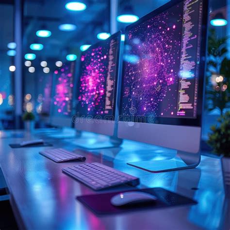 Computer Monitors Displaying Abstract Data Visualization Stock