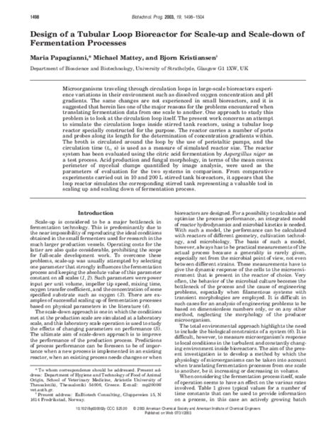 Pdf Design Of A Tubular Loop Bioreactor For Scale Up And Scale Down
