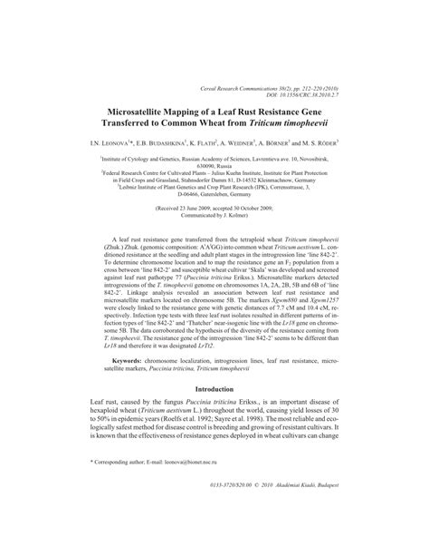 Pdf Microsatellite Mapping Of A Leaf Rust Resistance Gene Transferred To Common Wheat From