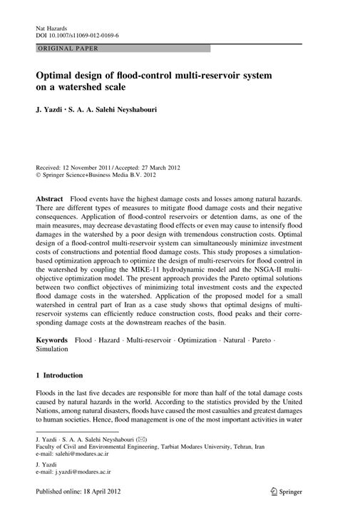 PDF Optimal Design Of Flood Control Multi Reservoir System On A Watershed Scale