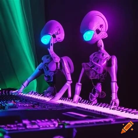 Image Of A Three Armed Alien Robot Playing A Futuristic Synthesizer On