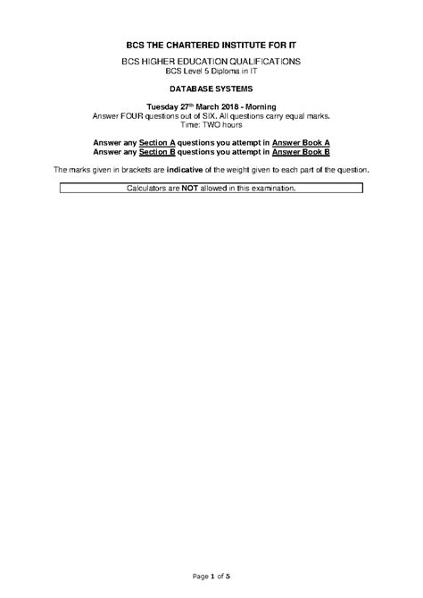 Database Systems March 2018 Past Paper Bcs The Chartered Institute For It Bcs Higher Education