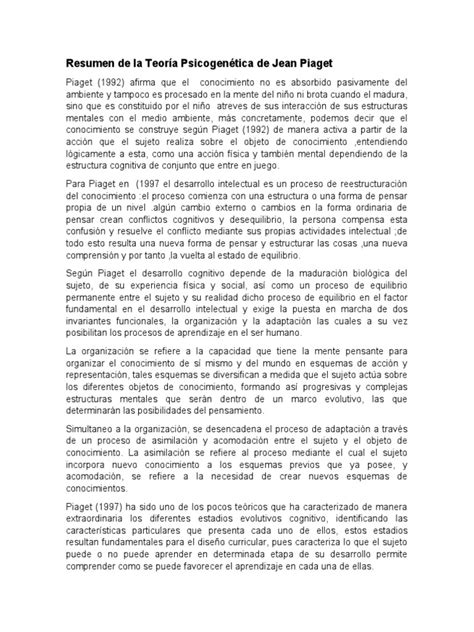 Resumen De La Teoría Psicogenética De Jean Piaget Pdf Aprendizaje