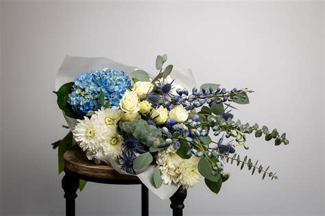 Tranquil Blue Skies Wrapped Bouquet Green Valley Floral Design