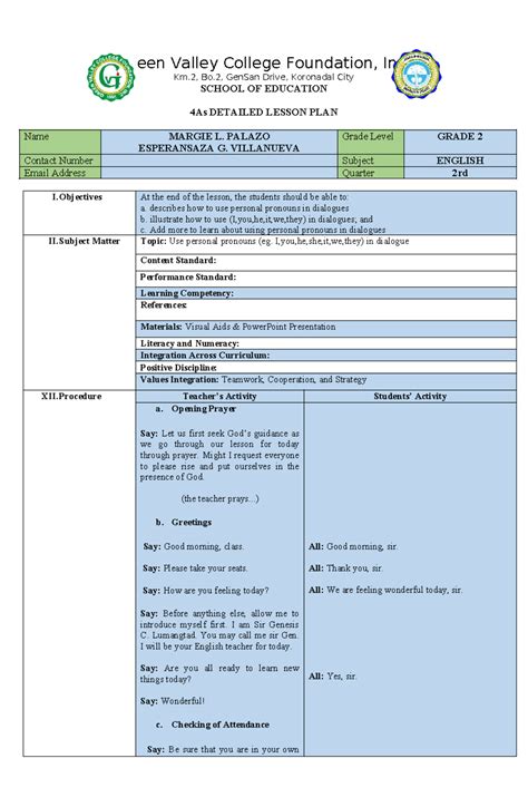 Sample English 4as Detailed Lesson Plan Teachers Copy Green Valley