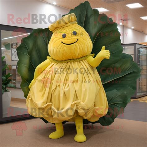 Yellow Cabbage Leaf Mascot Costume Character Dressed With A A Line Skirt And Foot Pads Mascot