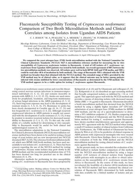 Pdf Fluconazole Susceptibility Testing Of Cryptococcus Neoformans