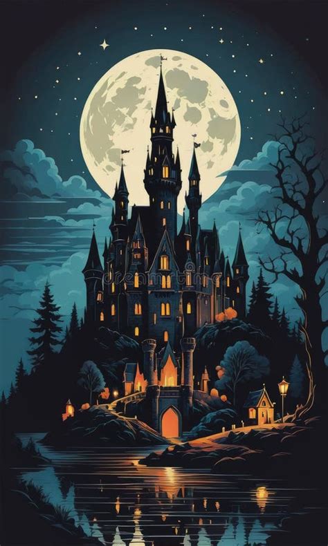 Nocturnal Majesty A Castle Enshrouded In Darkness Stock Illustration