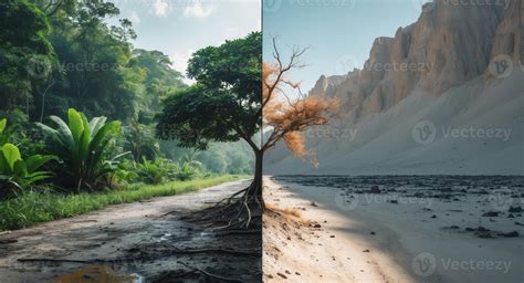 A Dichotomy Of Nature Lush Forest Versus Arid Desert Landscape Split