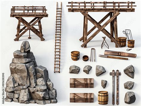 2d Video Game Assets Mining Game Assets Old Coal Mine 2d Assets White Background Wood