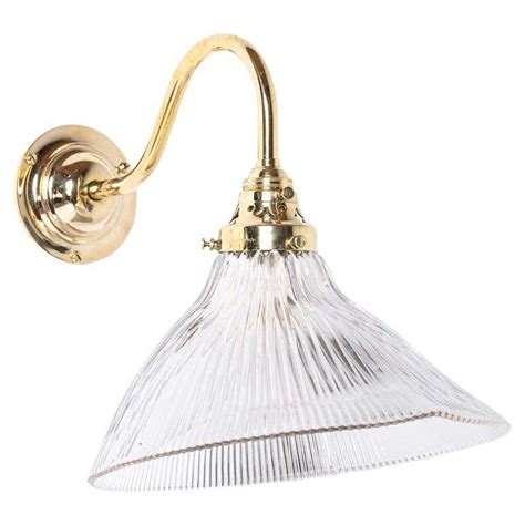Rare Large Cast Brass Wall Sconces With Holophane Pine Prismatic Glass