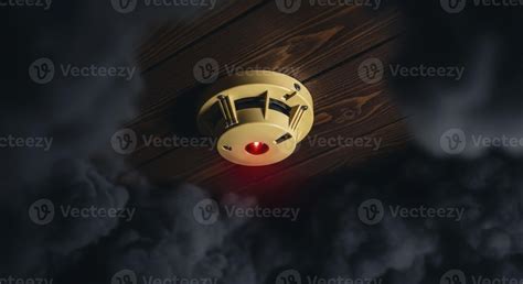 Vintage Smoke Detector With Red Light Blinking On Wooden Ceiling Amidst