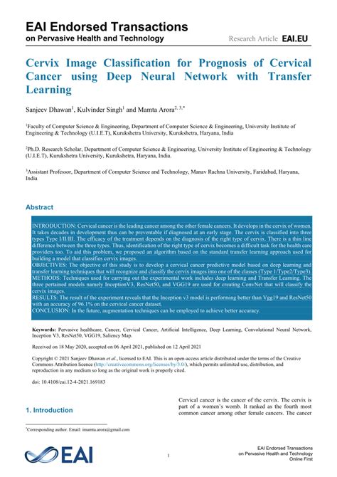 Pdf Cervix Image Classification For Prognosis Of Cervical Cancer Using Deep Neural Network