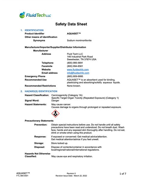 Safety Data Sheets Sds Fluid Tech Llc
