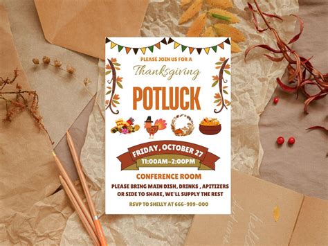 Thanksgiving Potluck Flyer Editable Invitation Template Canva Pdf