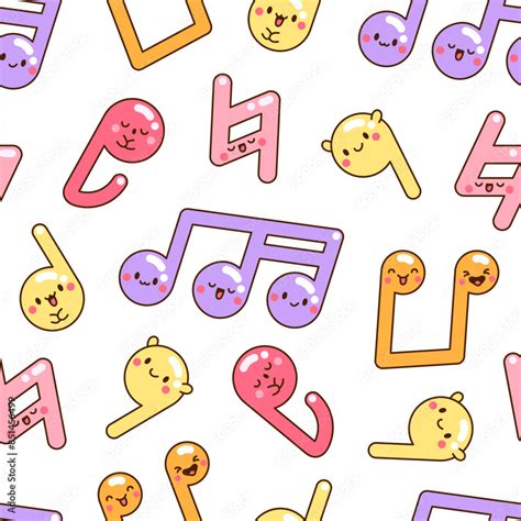 Cute Kawaii Music Notes Seamless Pattern Funny Cartoon Character